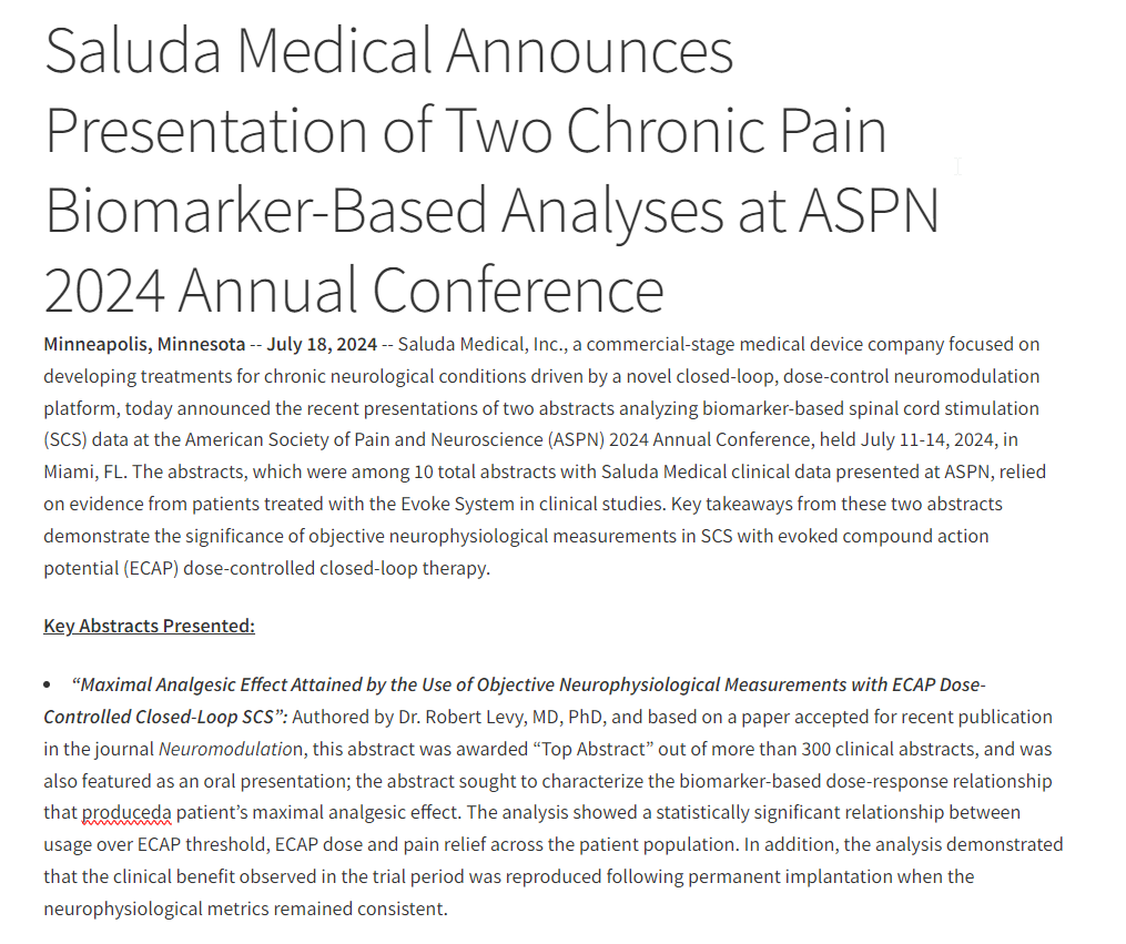 Saluda Medical Announces Presentation of Two Chronic Pain Biomarker ...