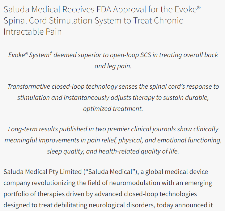 Saluda Medical Receives FDA Approval for the Evoke® Spinal Cord ...